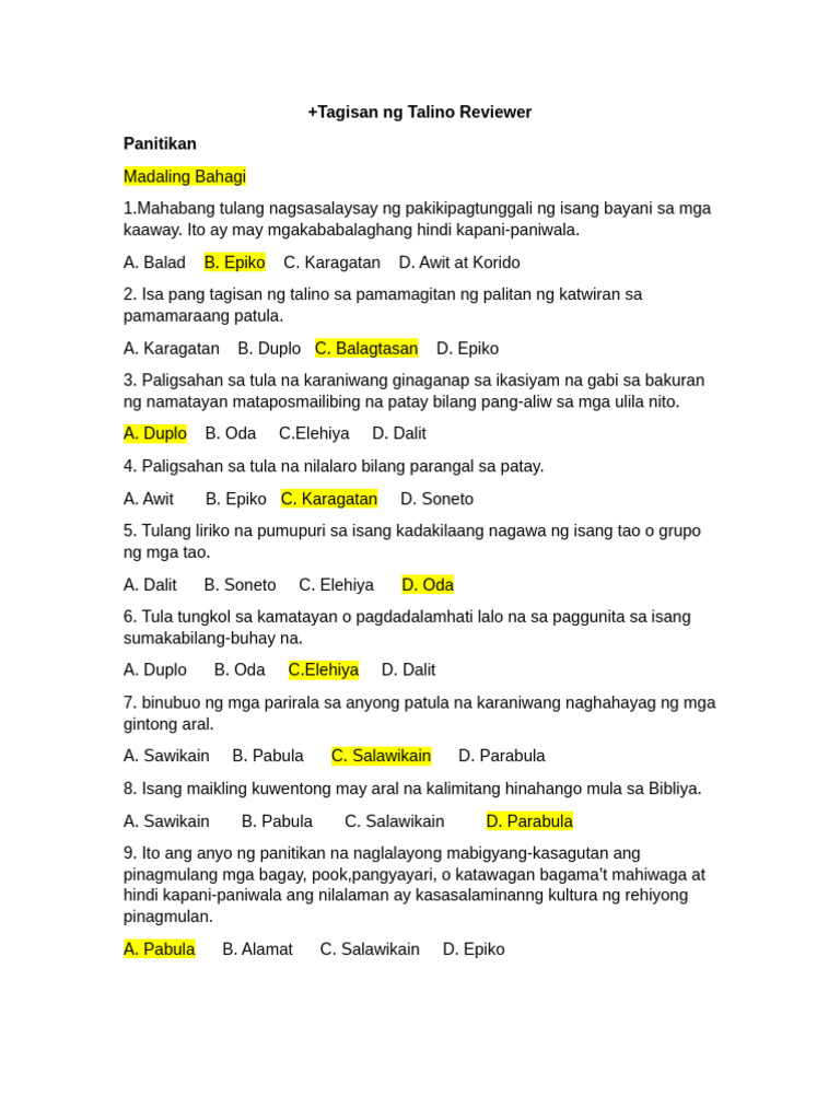 Tagisan NG Talino Reviewer | PDF