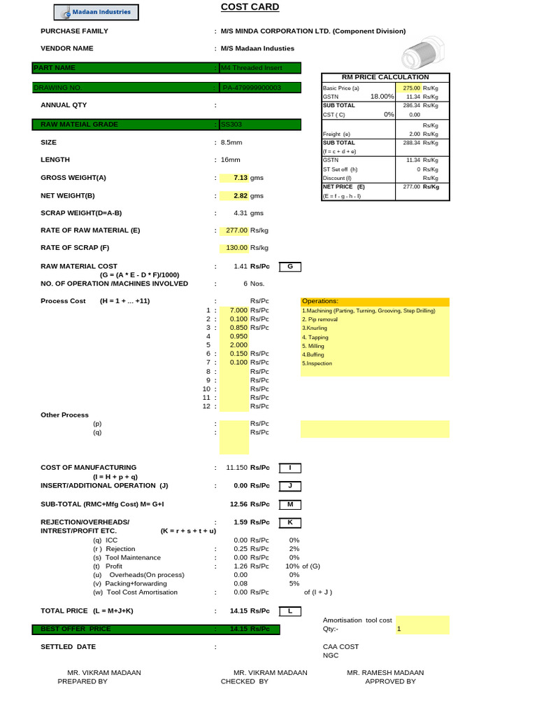 Cost Sheet M4 Threaded Insert PA-479999900003 | PDF