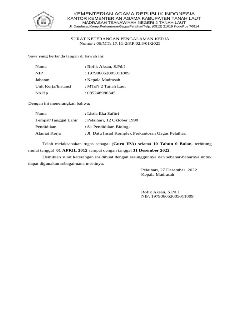 Surat Keterangan Penglaman TTD | PDF