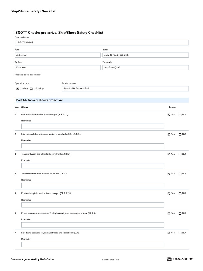 Ship Shore Safety Checklist - Prospero - Sea-Tank Q300 | PDF | Oil ...
