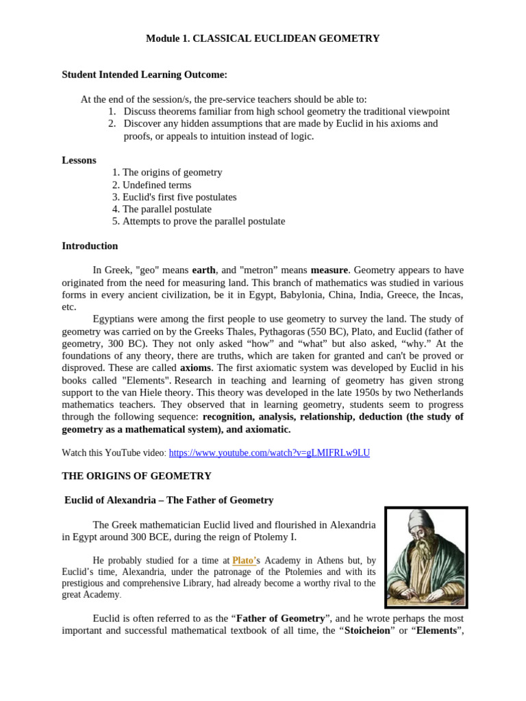 Module 1. Classical Euclidian Geometry | PDF | Line (Geometry) | Euclidean Geometry
