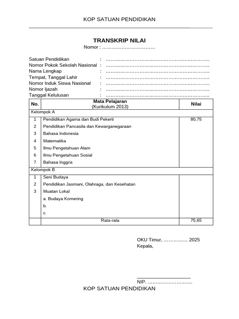 Contoh Format Transkrip Nilai SMP 2025 | PDF