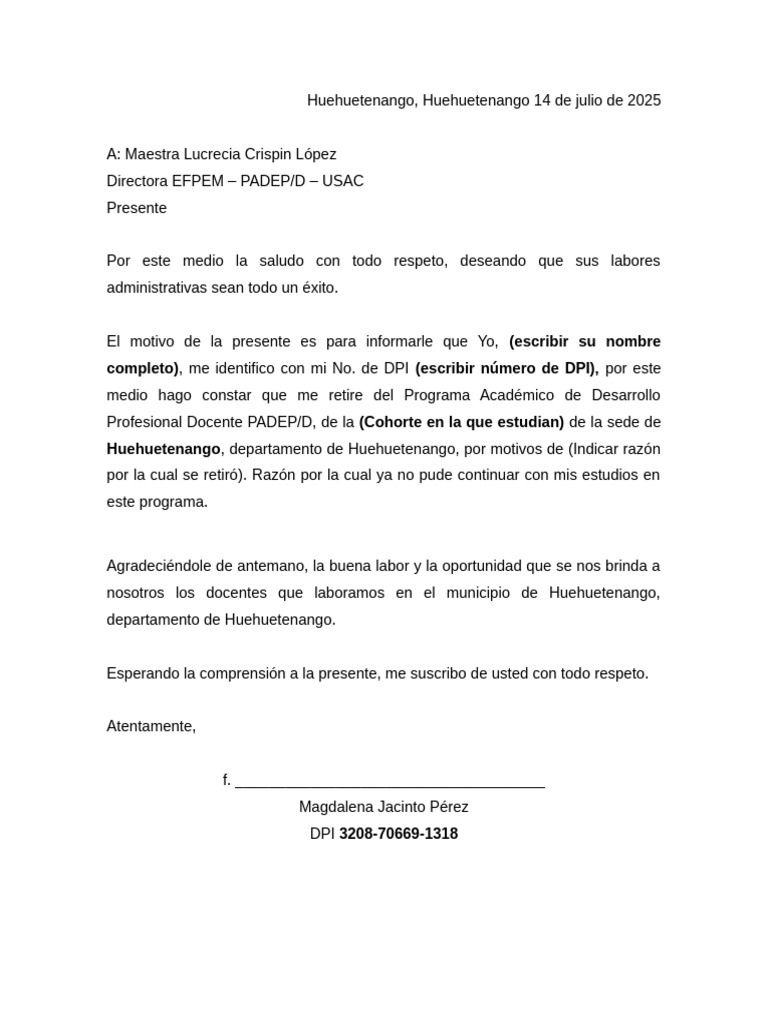 Carta de Retiro de Padep | PDF