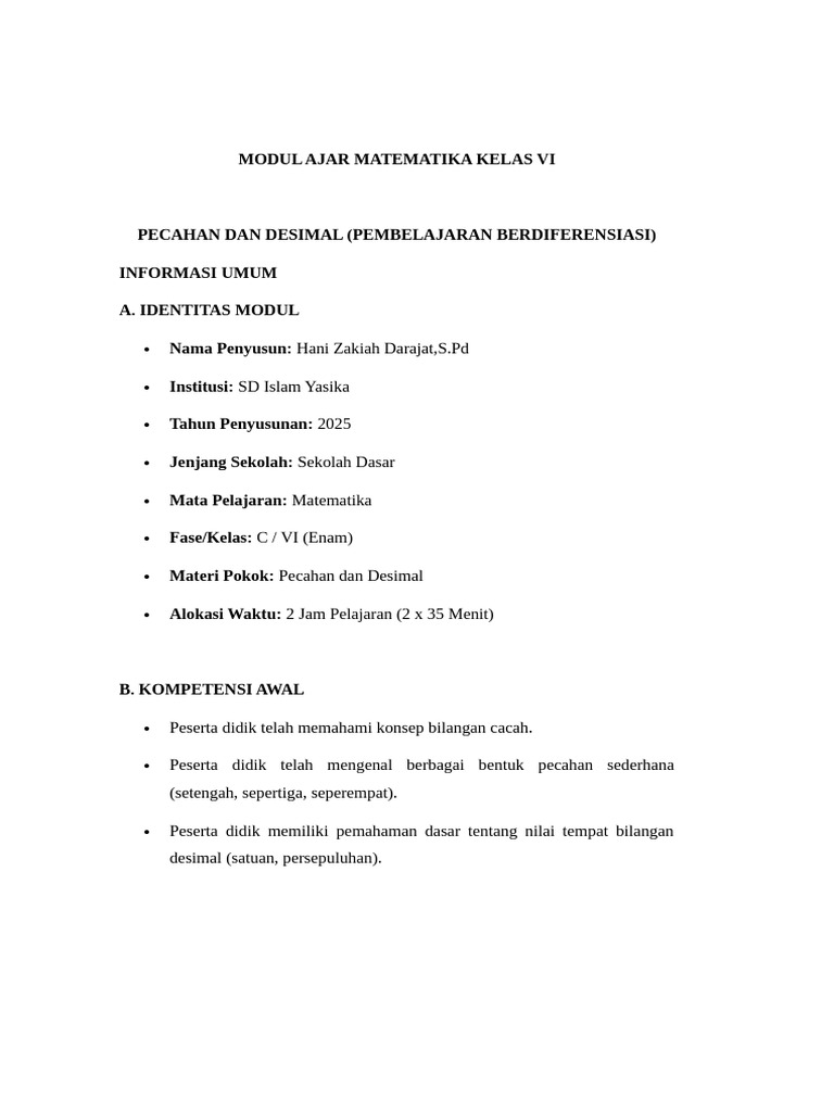 Modul Ajar Matematika Kelas Vi Untuk Ukin | PDF