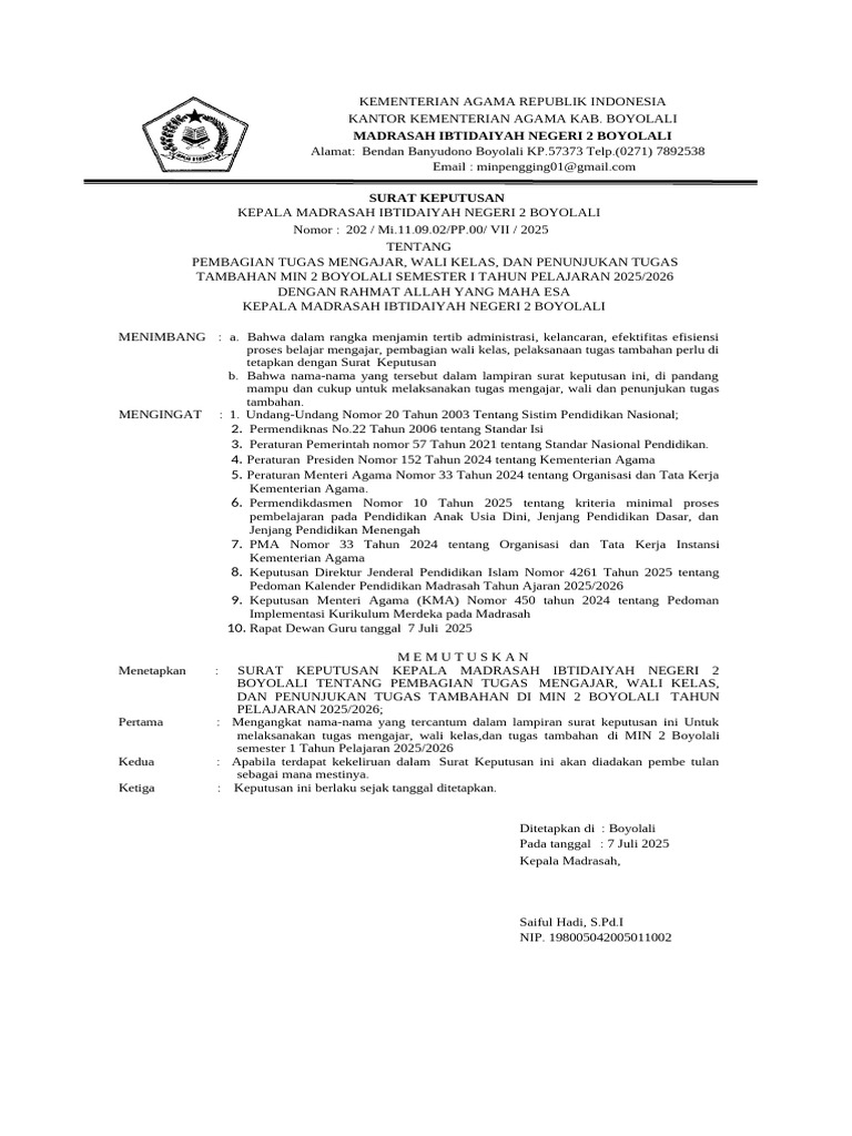 SK Pembagian Tugas Mengajar Dan Tugas Tambahan SMT 1 2025-2026 | PDF