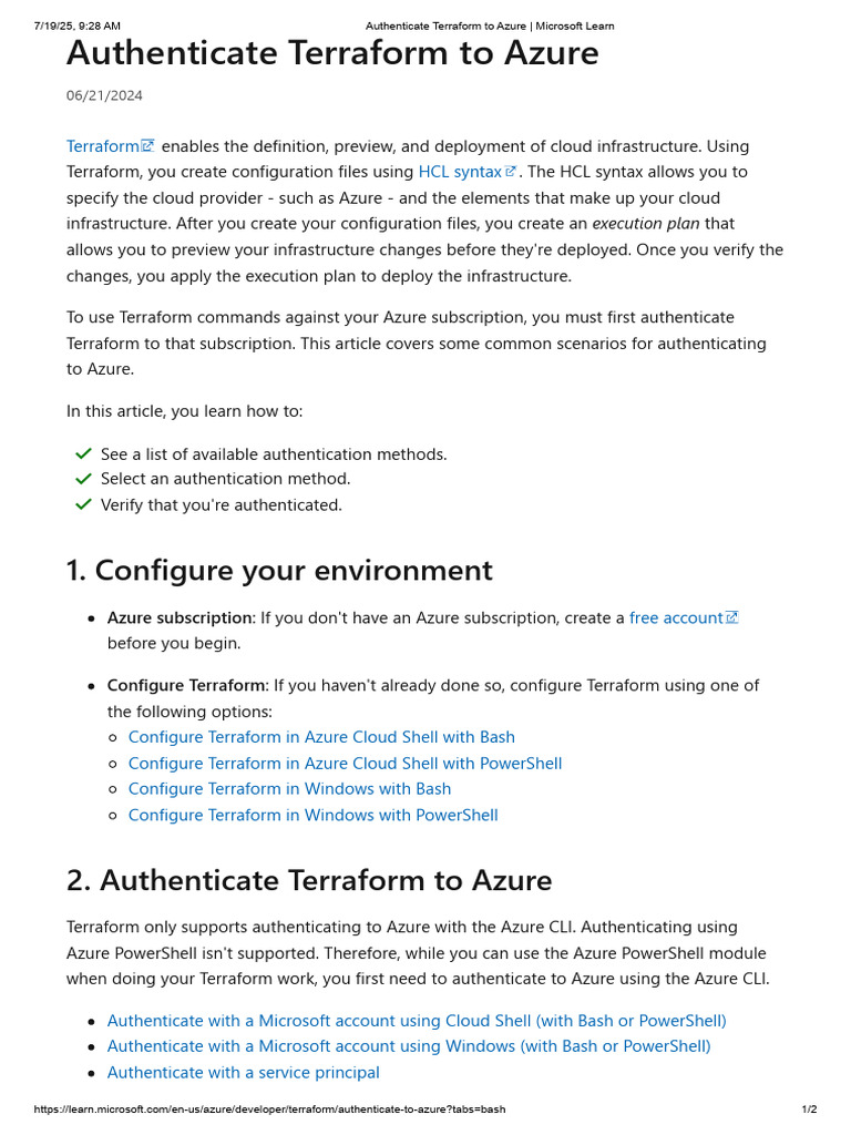 Authenticate Terraform To Azure | PDF | Microsoft Azure | Command Line Interface