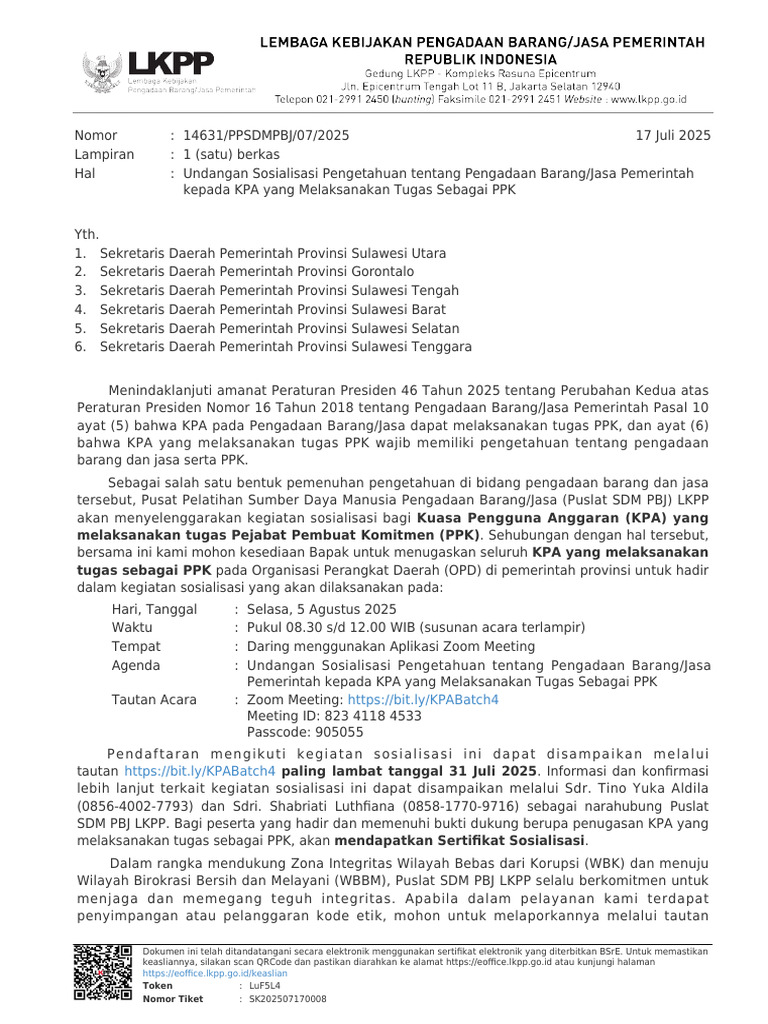 Surat Undangan Sosialisasi KPA (Provinsi) Batch 4 | PDF