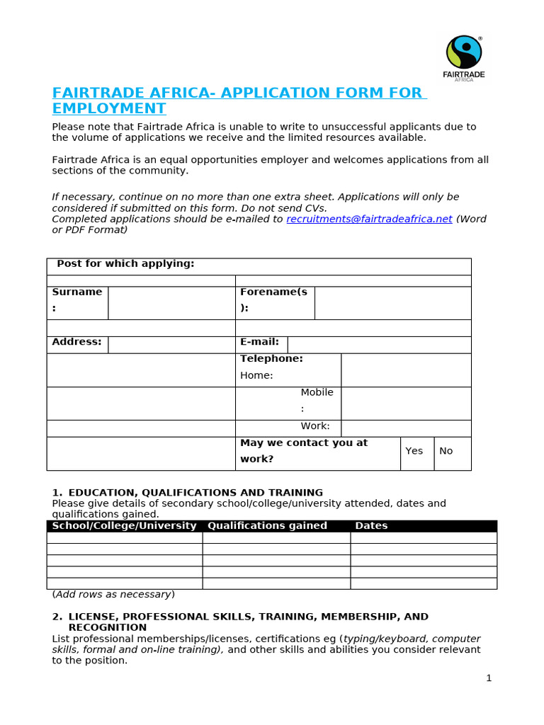 Fairtrade-Africa Application Form | PDF | Employment | Equal Opportunity
