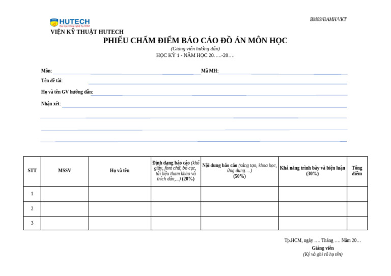 Phieu Cham Diem GVHD - 190124 | PDF
