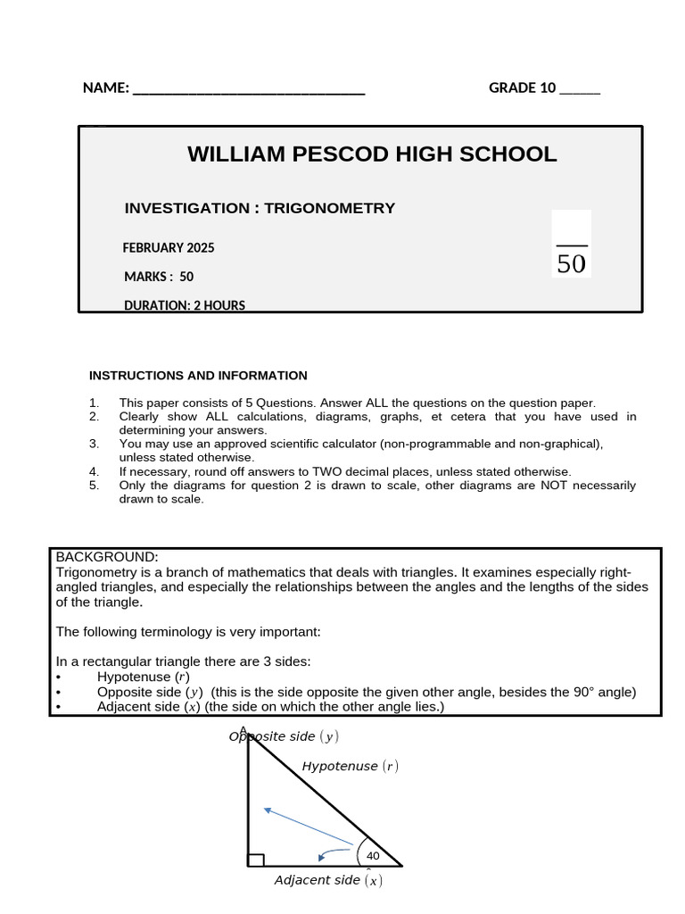 GR 10 Investigation Trig 2025 | PDF | Trigonometry | Elementary Geometry