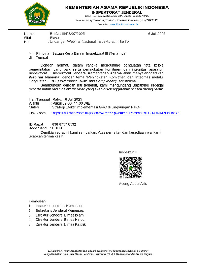 Undangan Webinar GRC Seri V Kemenag | PDF
