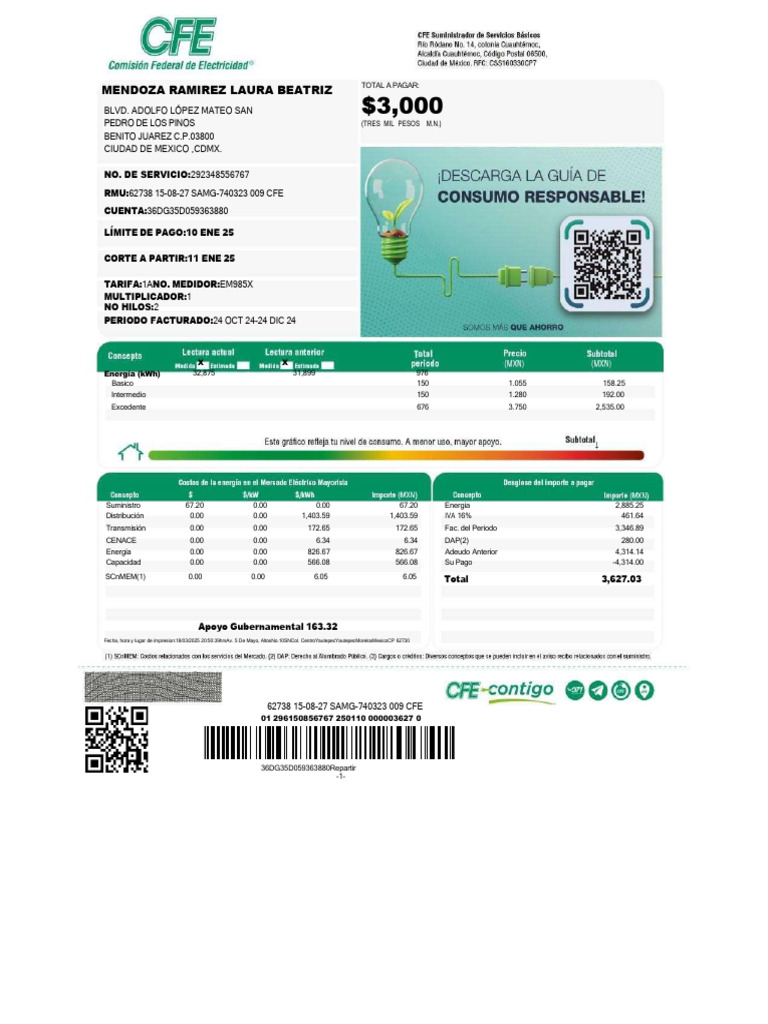 Factura de CFE: Consumo y Pagos 2024 | PDF | Cantidad | Energia electrica