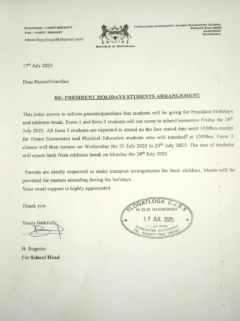 President Holidays Student Schedule 2025 | PDF