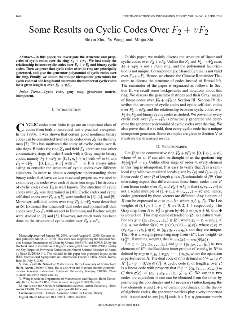 Some Results On Cyclic Codes Over F 2vF 2 | PDF | Matrix (Mathematics) | Ring (Mathematics)