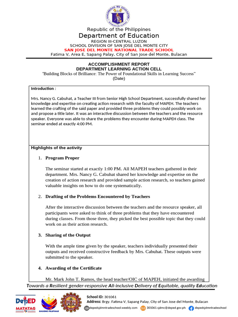 Accomplishment Report - Lac 1st | PDF | Cognition | Learning