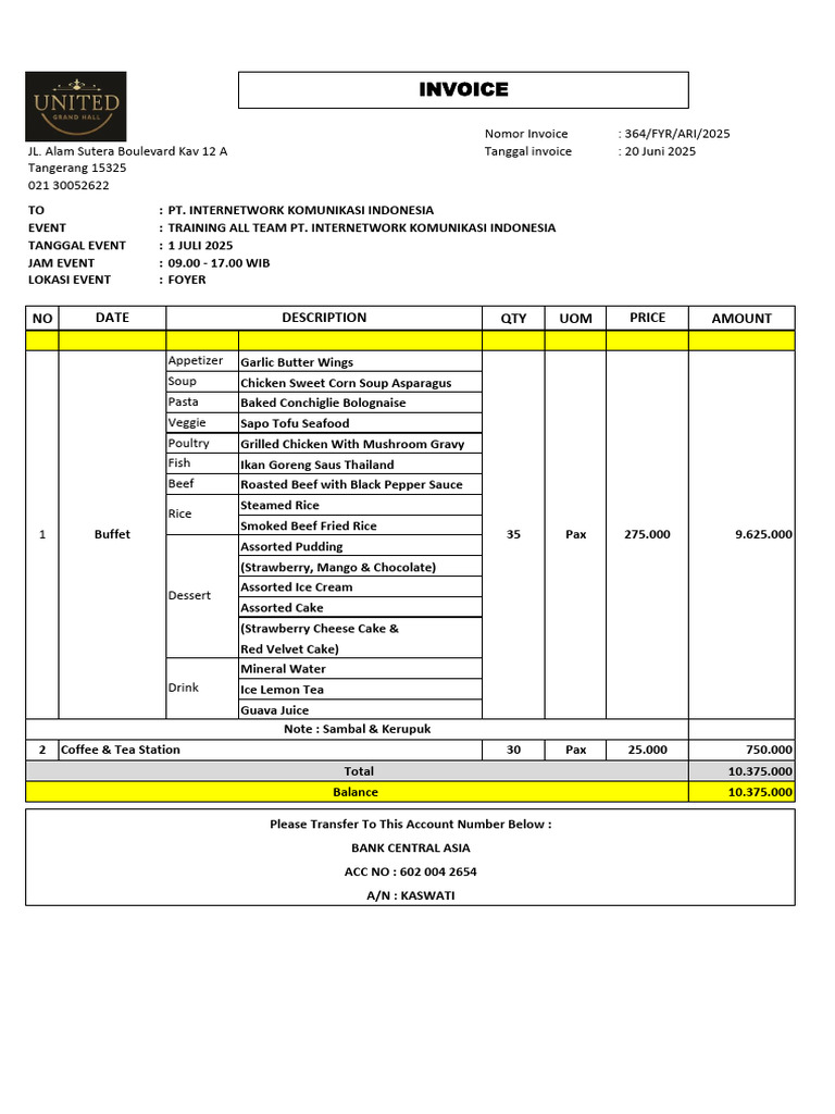 Invoice Buffet & Coffee Tea | PDF | Cooking | European Cuisine