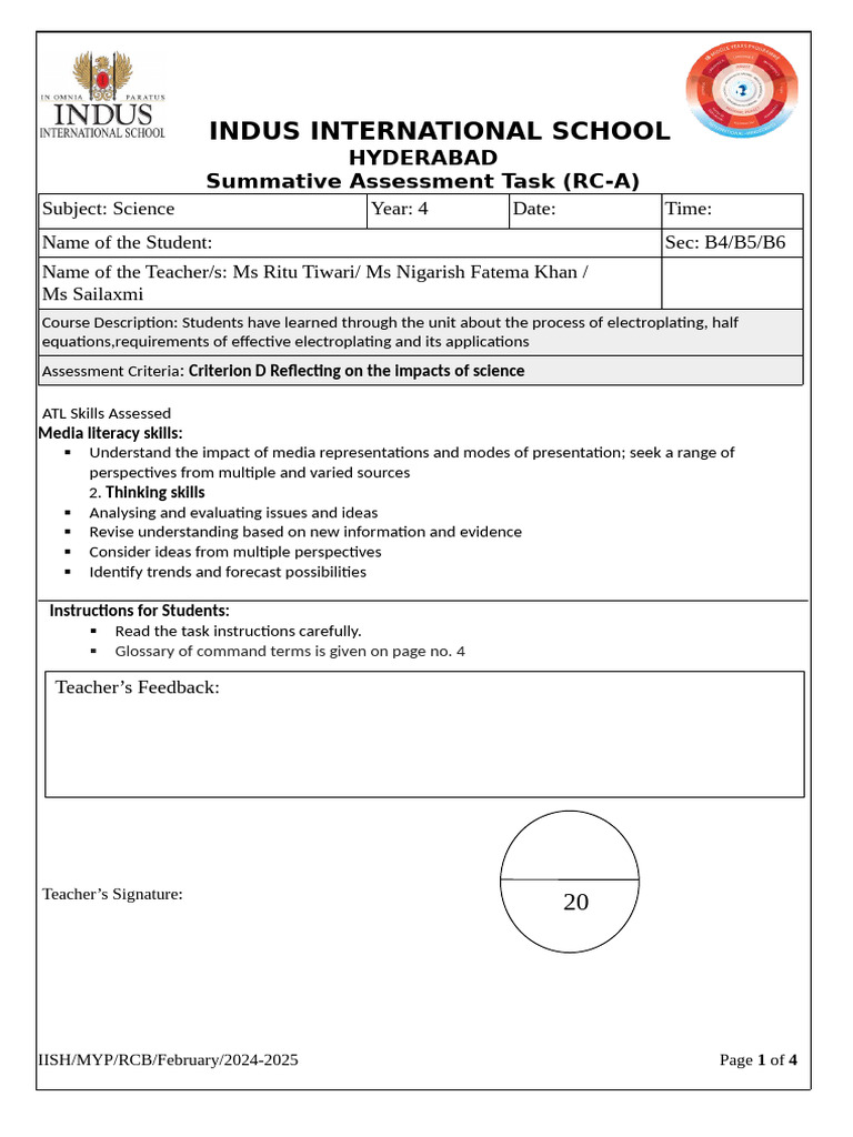 Year 4 Chemstry RCB Criteria DAFL | PDF | Reason | Chemistry