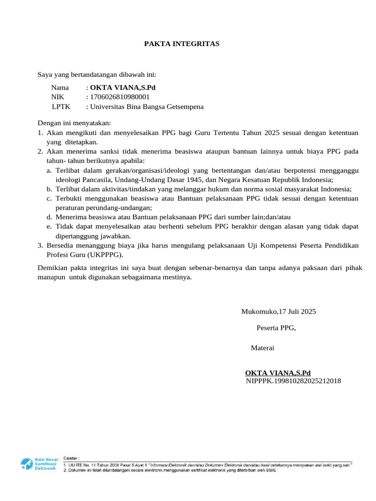 Pakta Integritas Peserta PPG 2025 | PDF