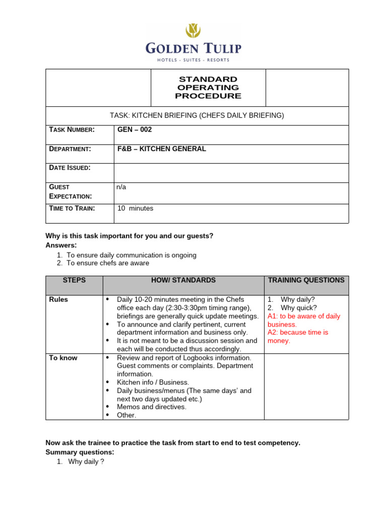 Daily Kitchen Briefing Procedure | PDF