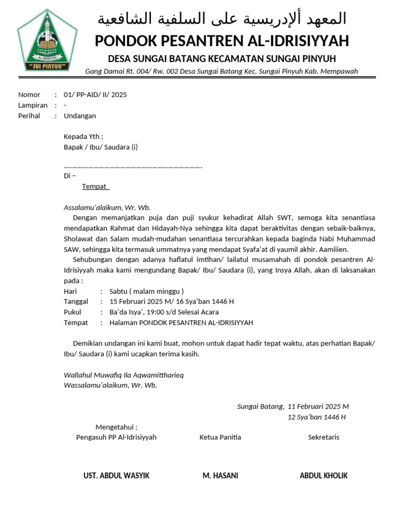 Undangan Haflatul Imtihan Al-Idrisiyyah | PDF
