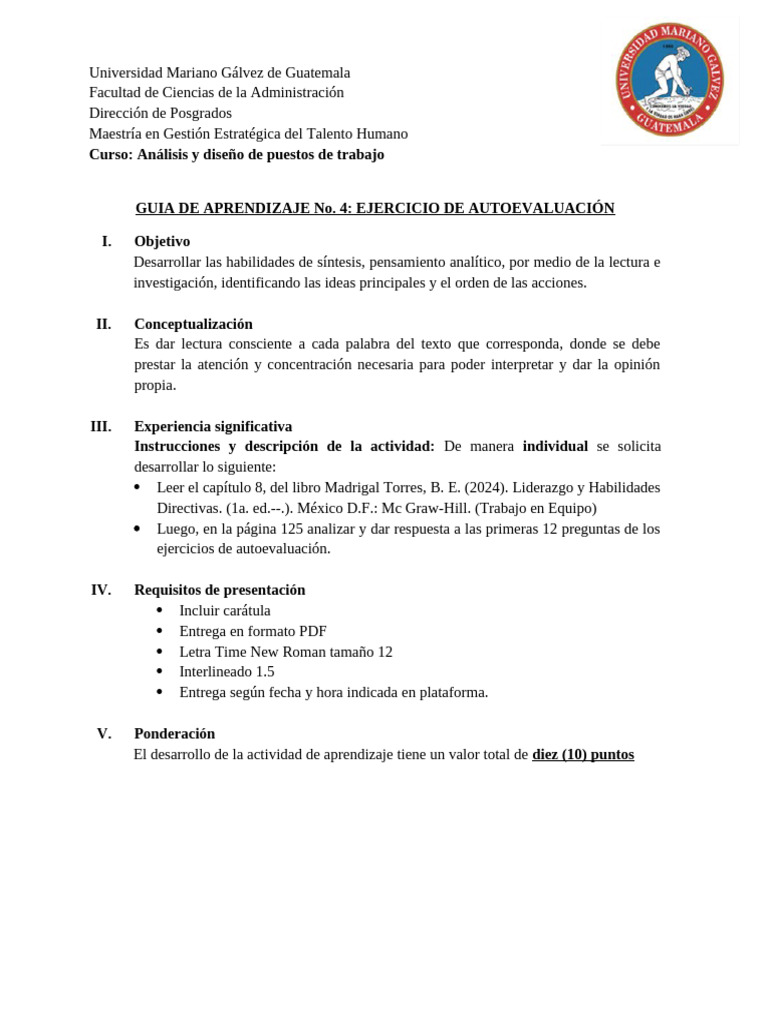 Guía 4 - Ejercicio de Autoevaluación - Individual 10 Pts | PDF