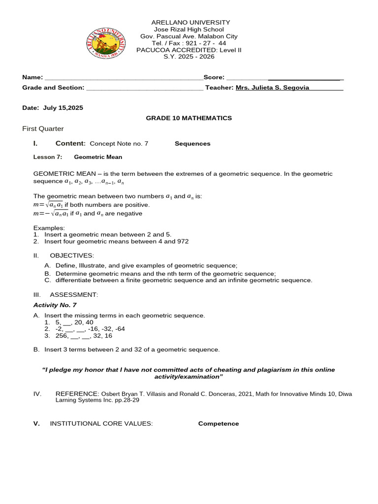 Grade 10 Math: Geometric Mean Lesson | PDF