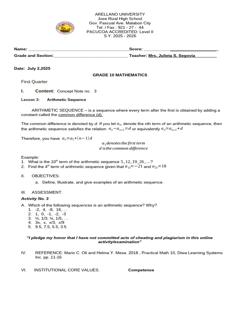 Lesson 3 Arithmetic Sequence 2025 26 | PDF | Mathematics | Mathematical Analysis