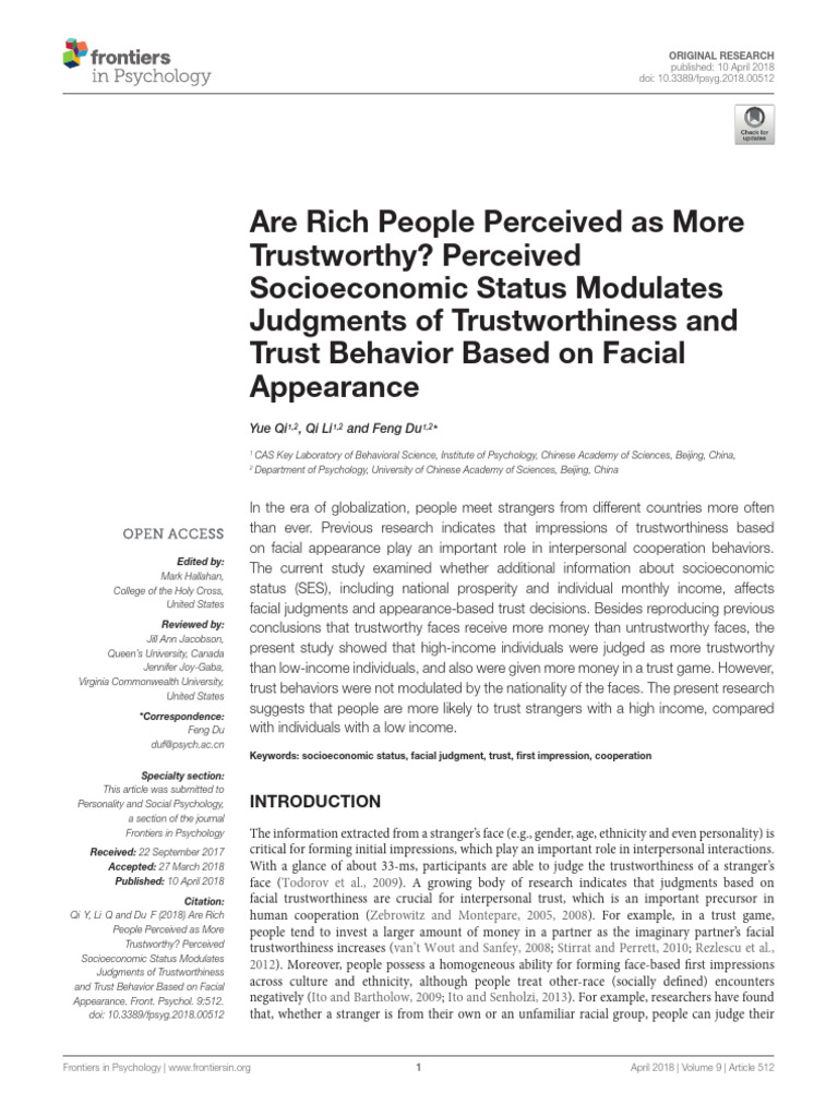 Are Rich People Perceived As More Trustworthy? Perceived Socioeconomic ...