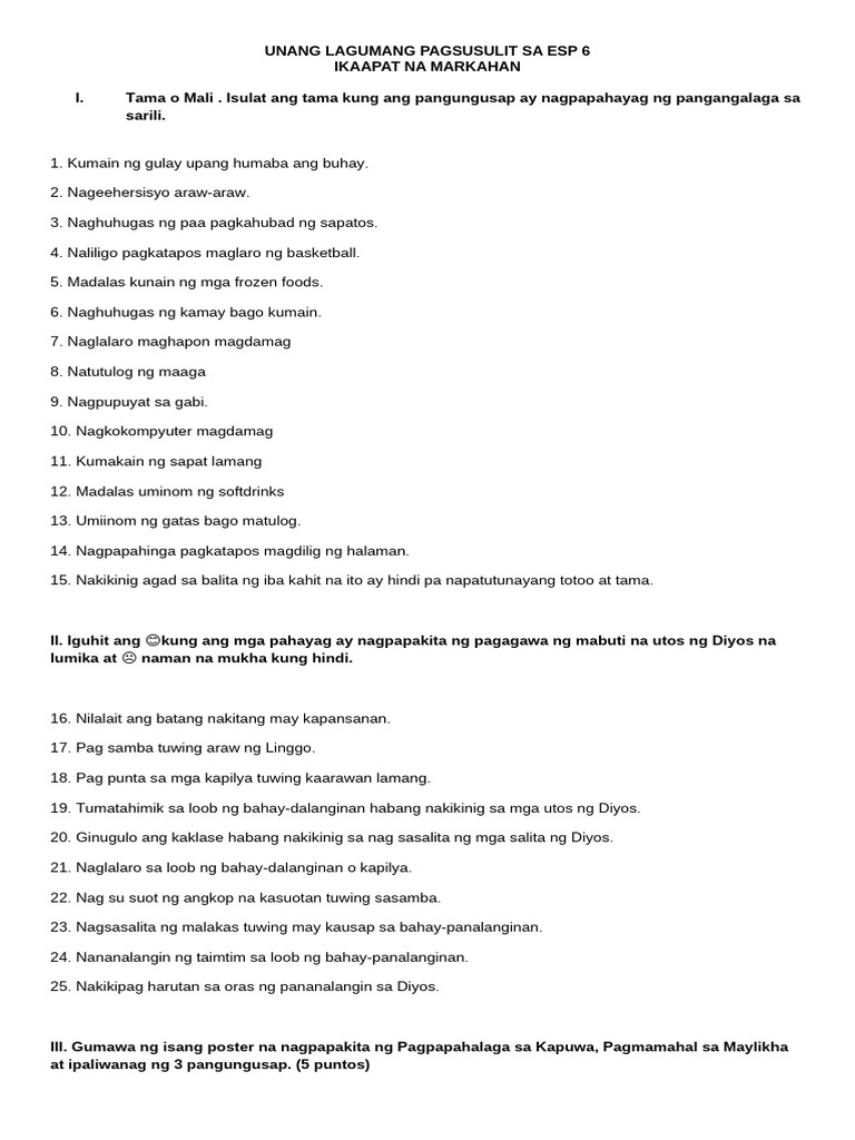 Unang Lagumang Pagsusulit Sa Esp 6 | PDF