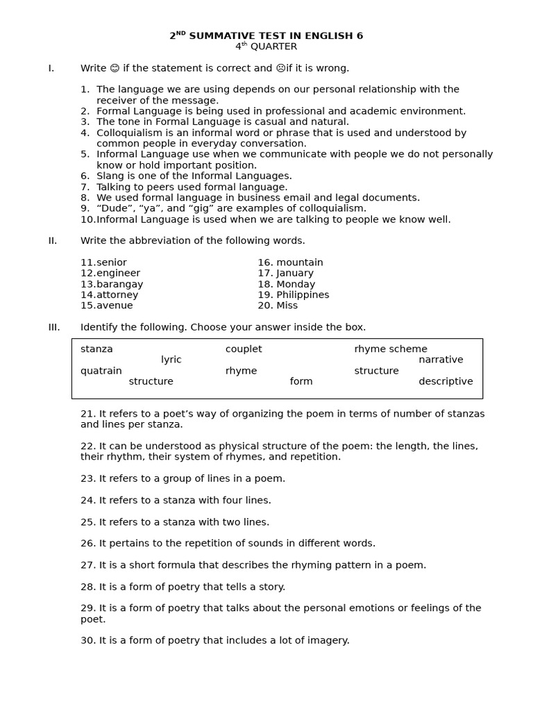 2nd Summative Test in English 6 | PDF | Poetry | Rhyme