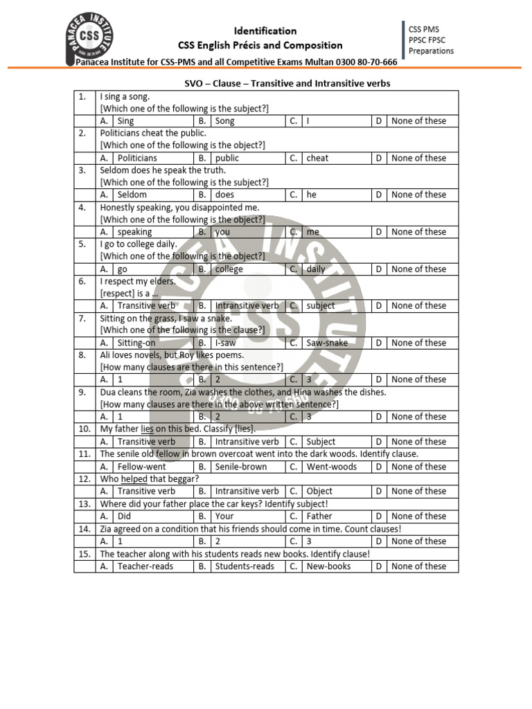 Identification - 1 SVO Clause Transitive and Intrasitive Verbs | PDF ...