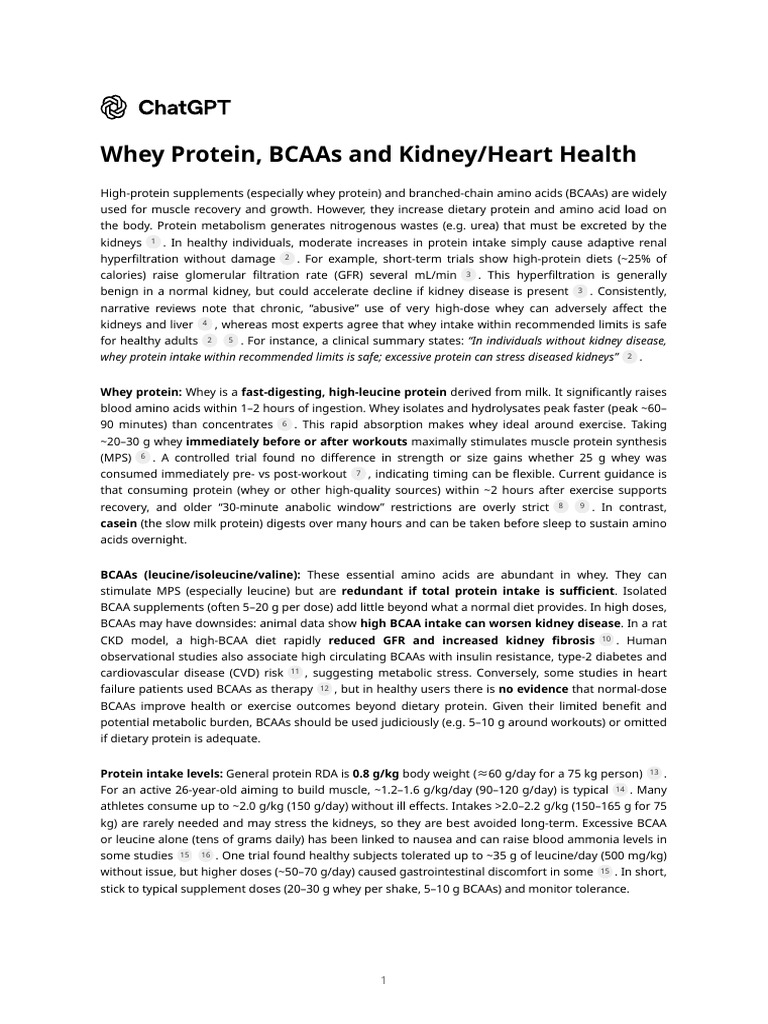 Whey Protein, BCAAs and Kidney - Heart Health | PDF | Dietary Supplements | Leucine