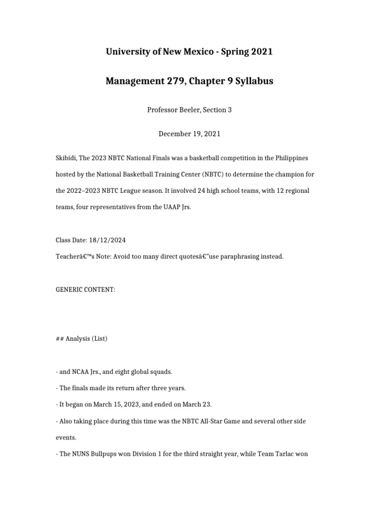 Management 279 Chapter 9 Syllabus | PDF | Student Sport | Sports ...