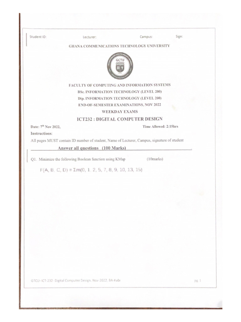 Ict 232 - Digital Computer Design | PDF