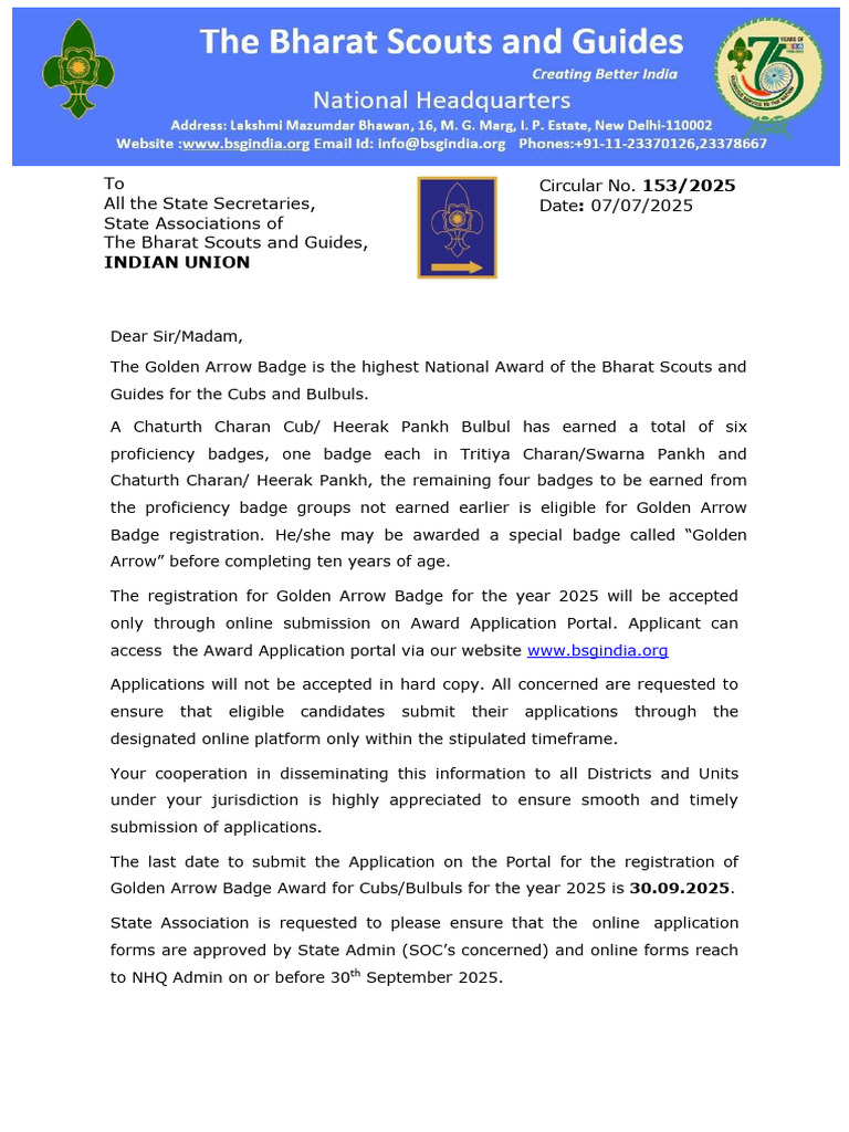 Circular No. 153 Golden Arrow Badge 2025 | PDF | Scouting