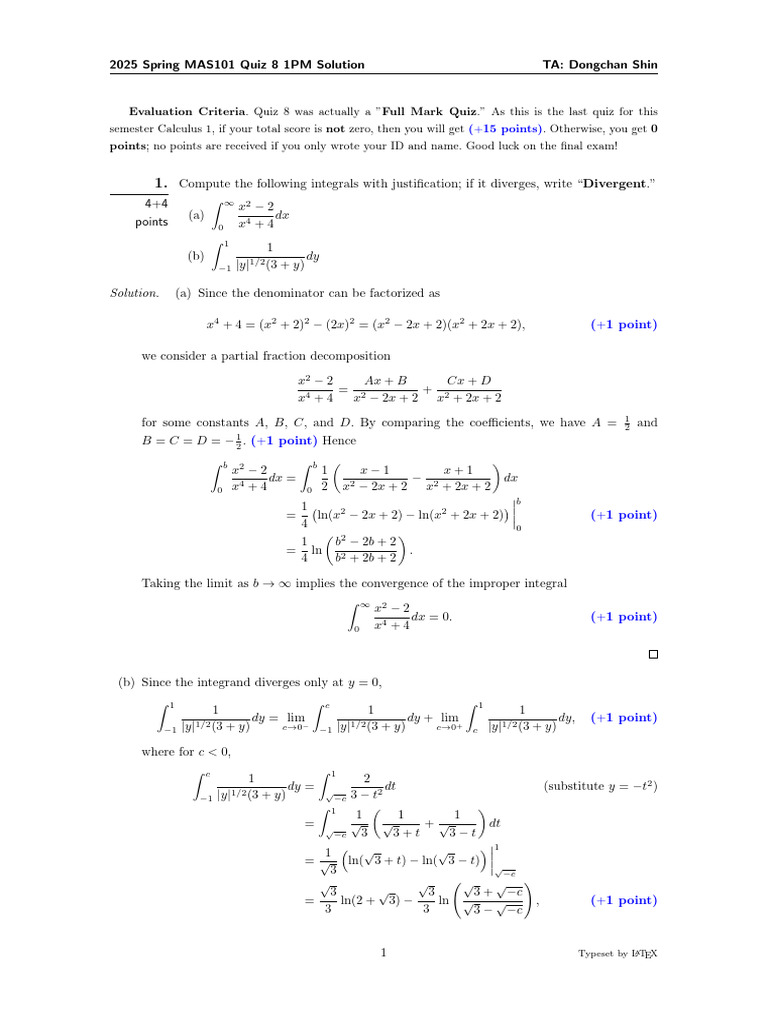 25S MAS101 Quiz8 PM Solution | PDF | Mathematical Objects | Calculus