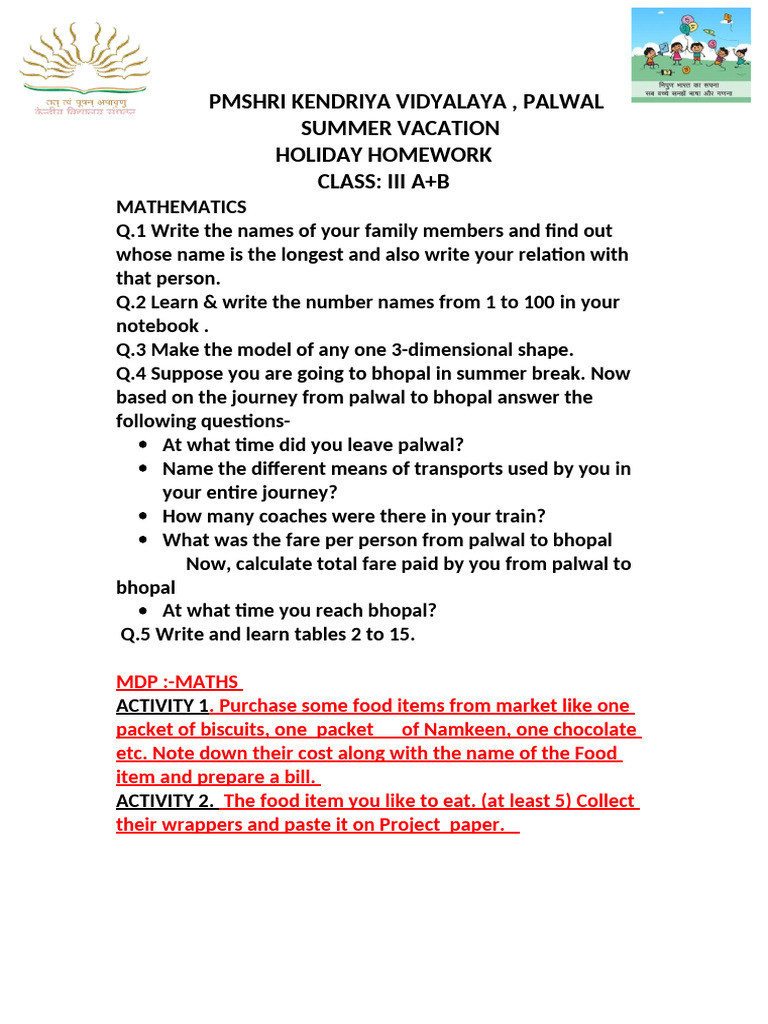 3rd Class Holiday Homework | PDF