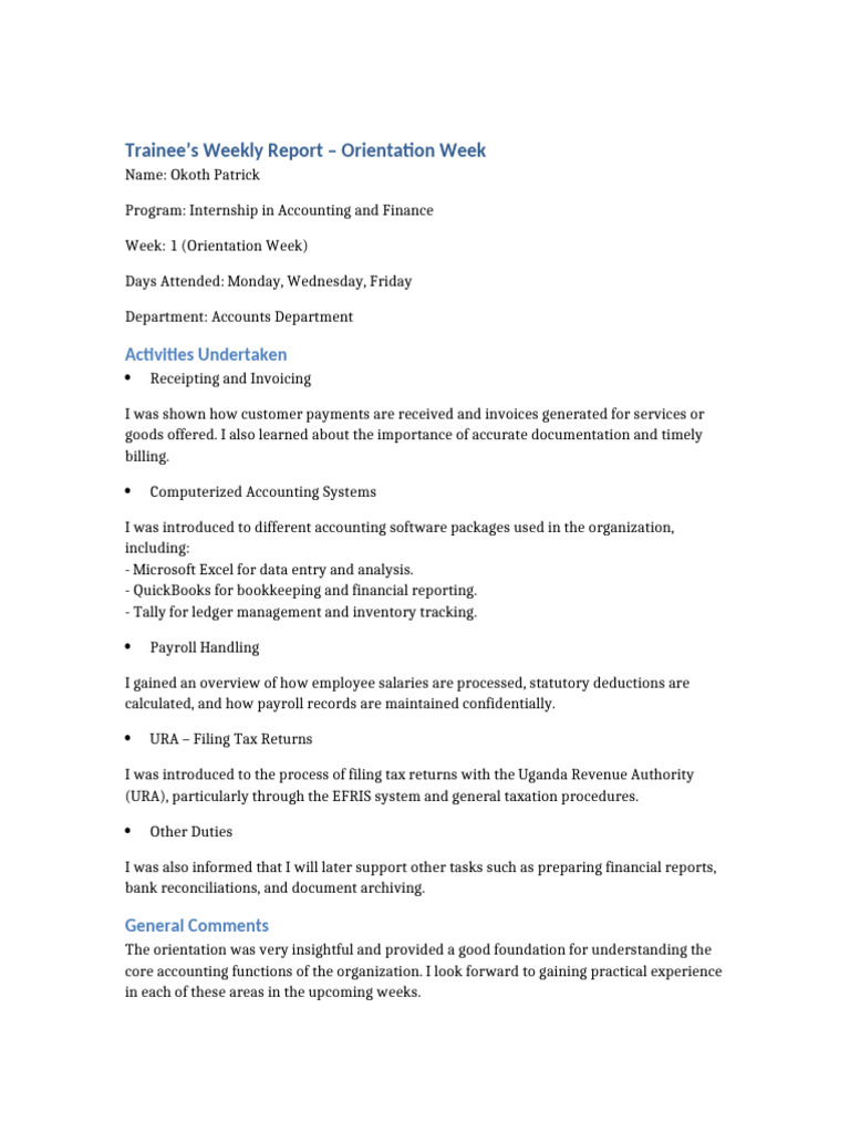 Trainee Weekly Report: Orientation Insights | PDF