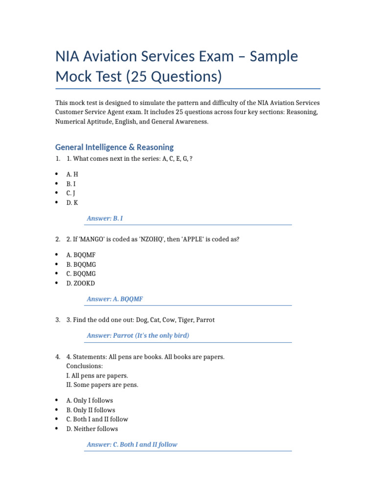 NIA Aviation Services Mock Test Guide | PDF