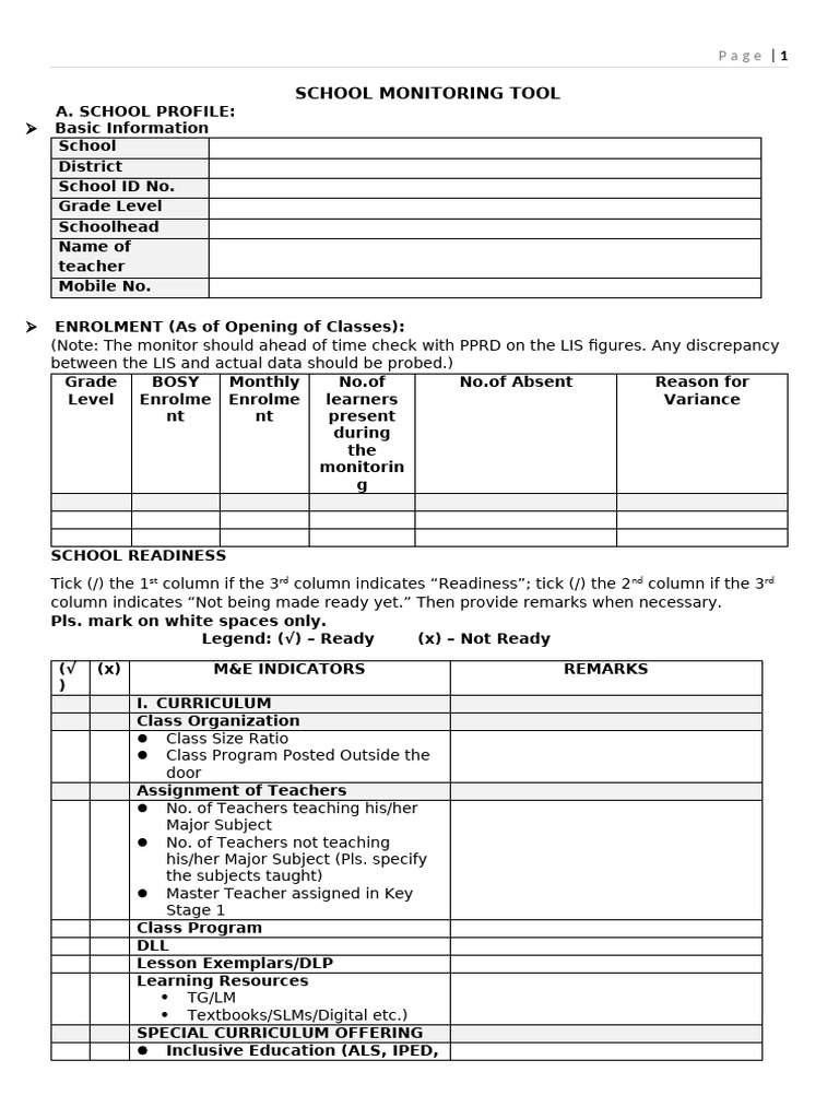 School Monitoring Tool Overview | PDF | Curriculum | Schools