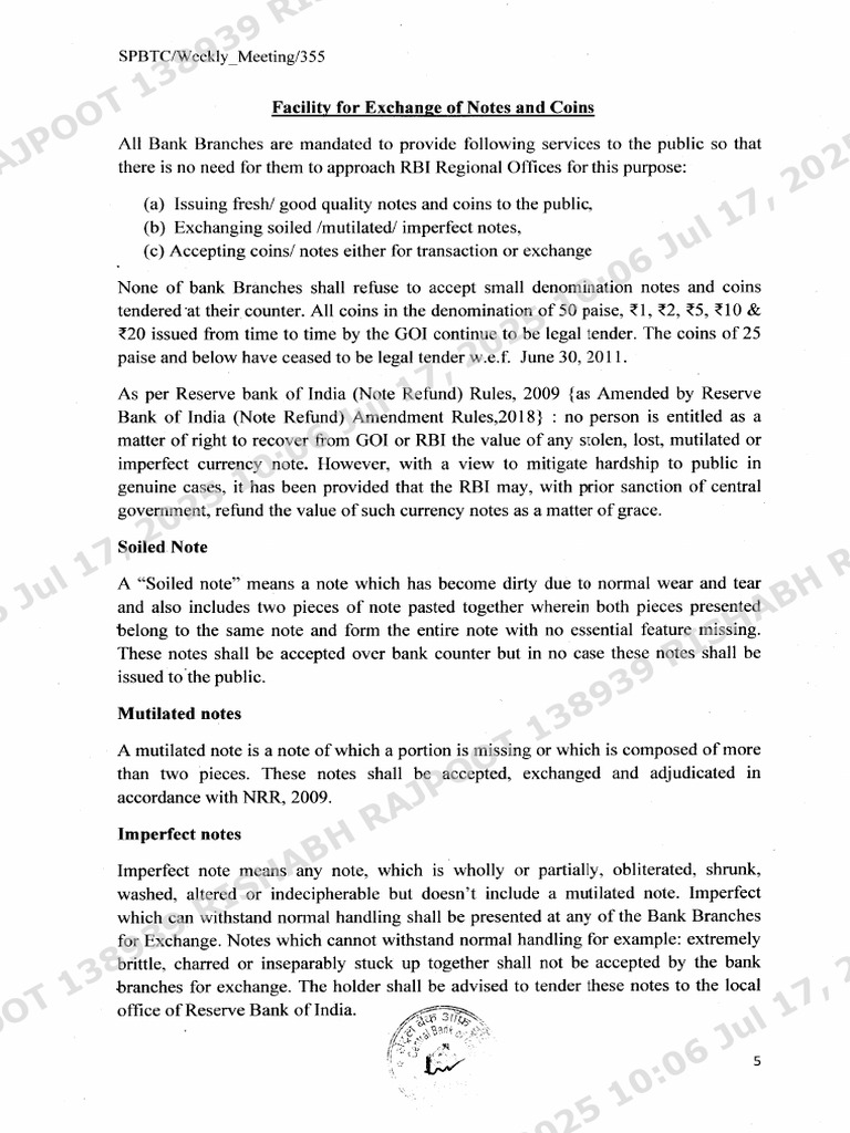 Soiled and Mutilated Notes | PDF | Reserve Bank Of India | Legal Tender