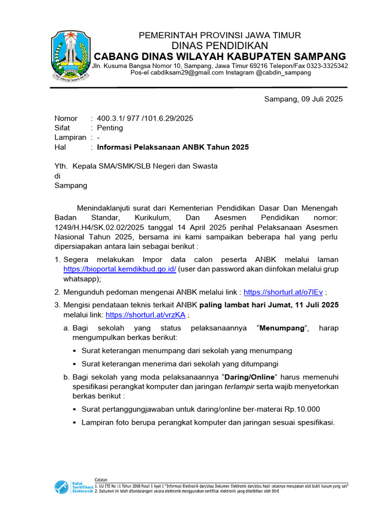 Surat Pendataan ANBK 2025 - Sign | PDF