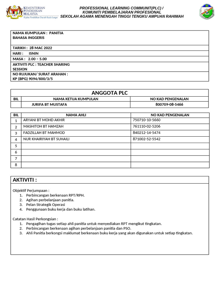 Borang Pelaporan PLC - 1 | PDF