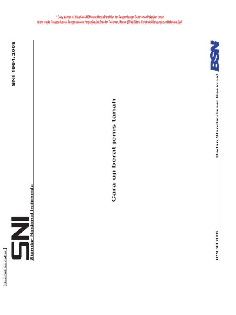 SNI 1964-2008 Cara Uji Berat Jenis Tanah | PDF