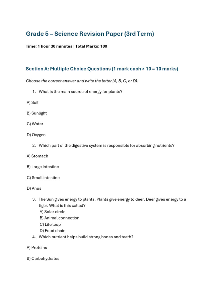 Grade 5 - Science Revision Paper (3rd Term) 2 | PDF | Foods | Digestion