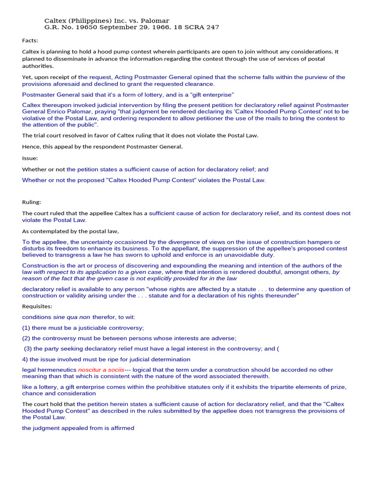 Caltex vs. Palomar: Hood Pump Contest Ruling | PDF | Declaratory ...