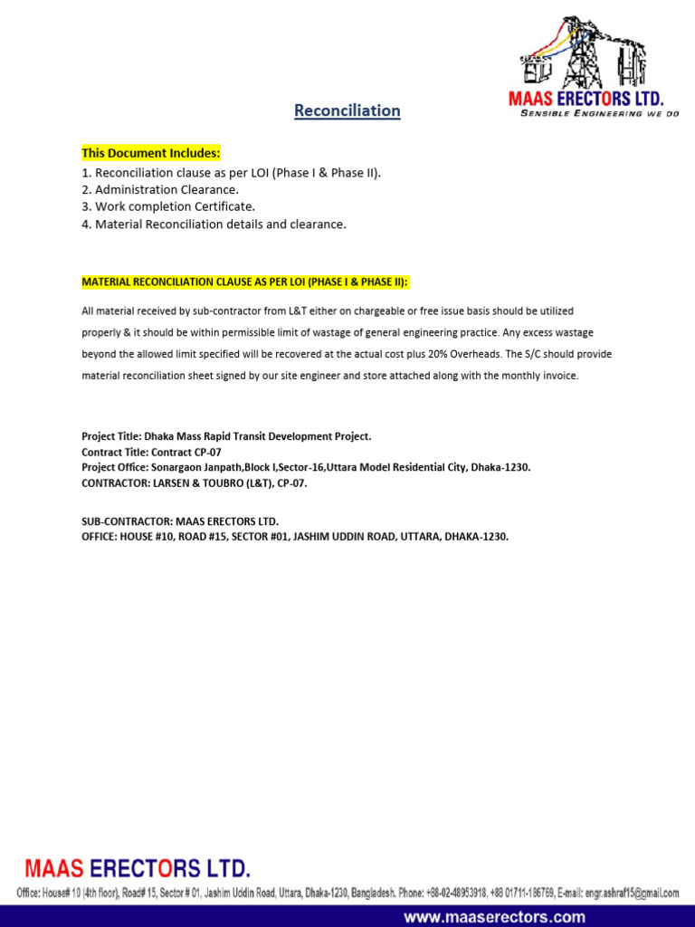 Material Reconciliation for Dhaka MRT Project | PDF