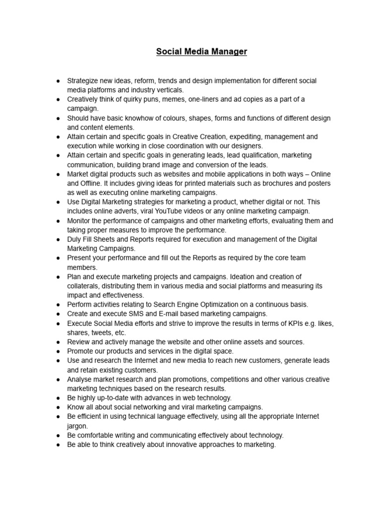 Social Media Manager Job Description | PDF | Marketing | Social Media