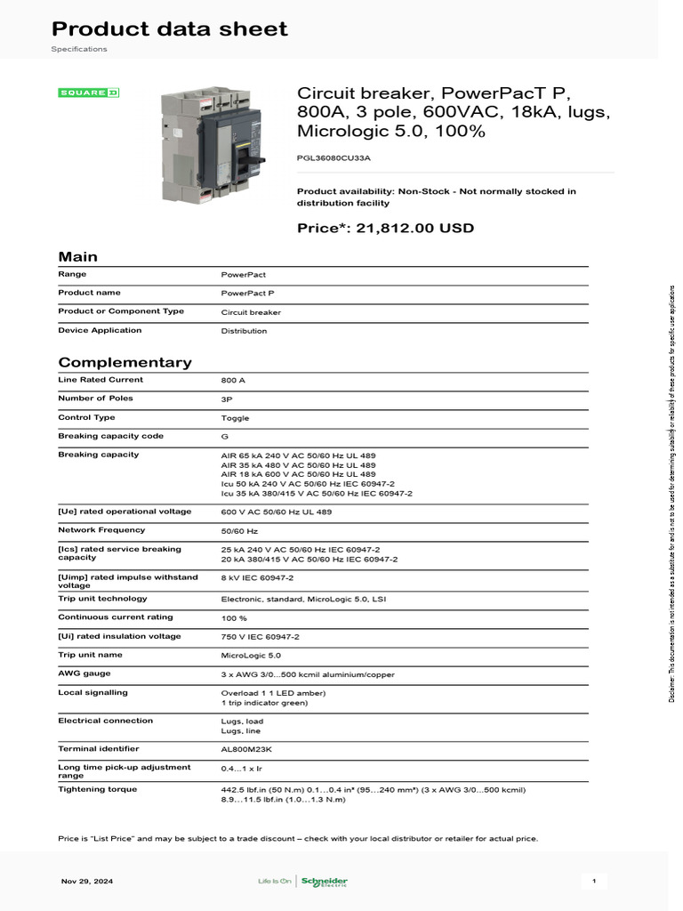 800A PowerPact P Circuit Breaker Specs | PDF | Alternating Current ...