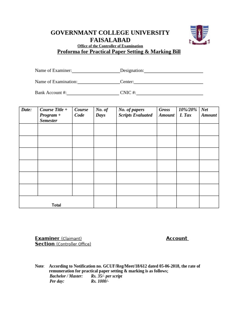 GCUF Practical Paper Marking Bill | PDF